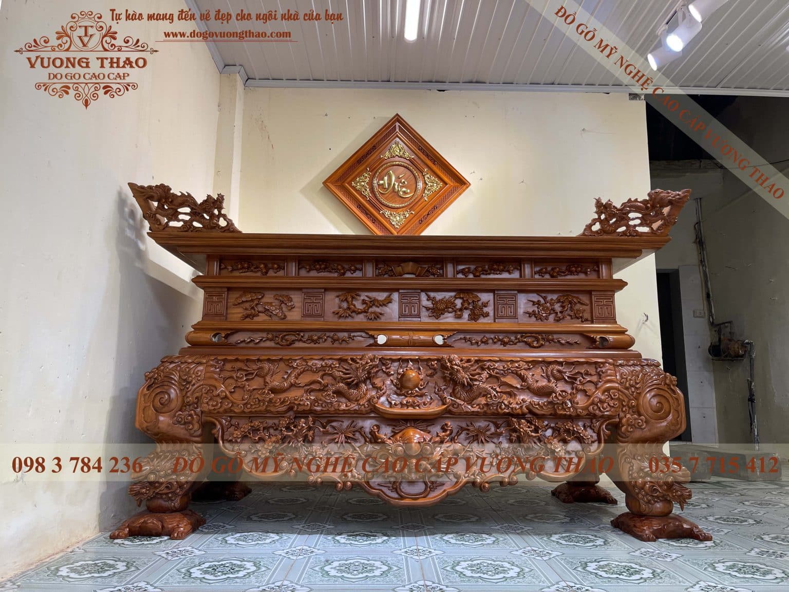 Sập thờ Tứ Linh dạ kép gỗ Gõ Đỏ - ĐỒ GỖ VƯƠNG THAO